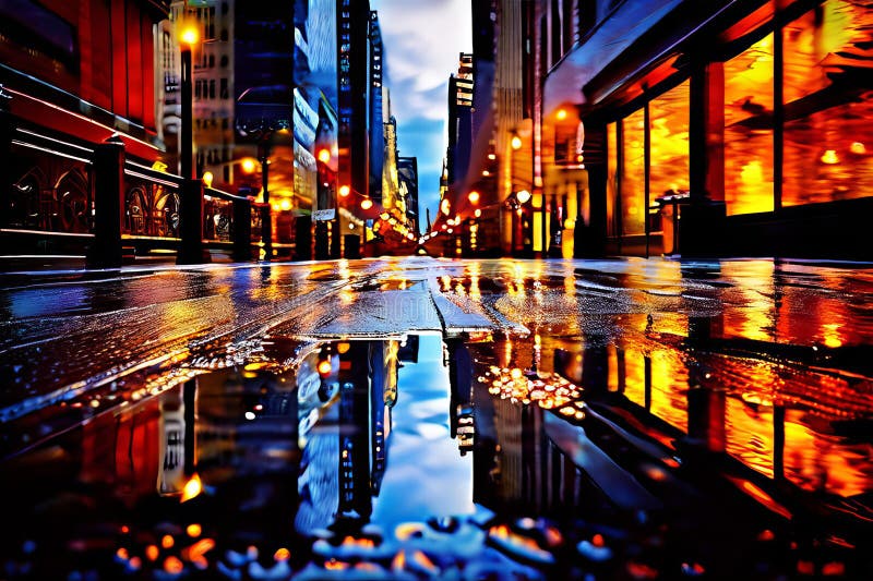 Rainy Day Reflection a View of the City Reflected in a Large Pud Stock ...