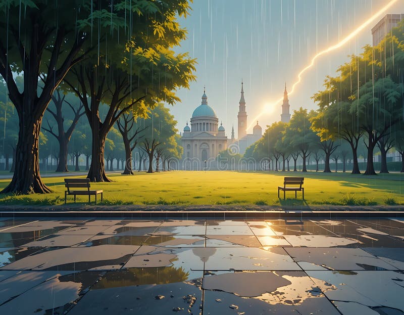 Rainy Day Reflections: a Park Scene with Lightning and Distant a Stock ...