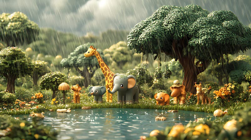 Rainy Day Safari Animals Pond Play Stock Illustration - Illustration of design, kids: 371971838
