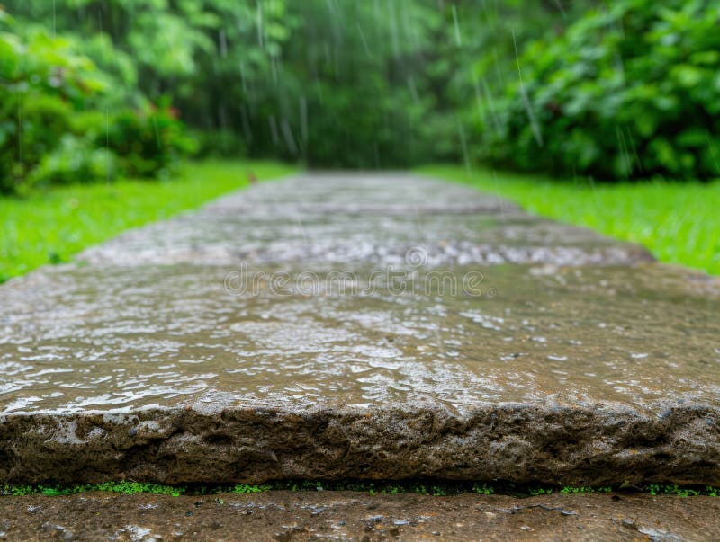 Rainy Day on a Stone Path in the Forest Stock Illustration ...