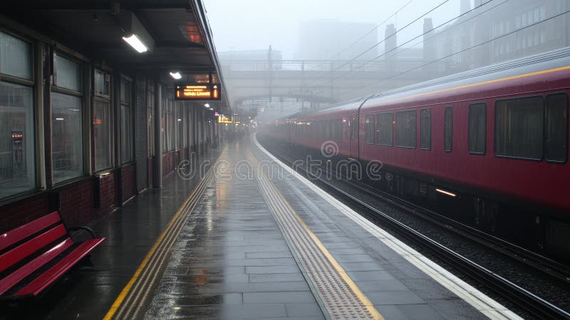 Rainy Day at Train Station with Red Train on Platform Stock Illustration - Illustration of misty ...