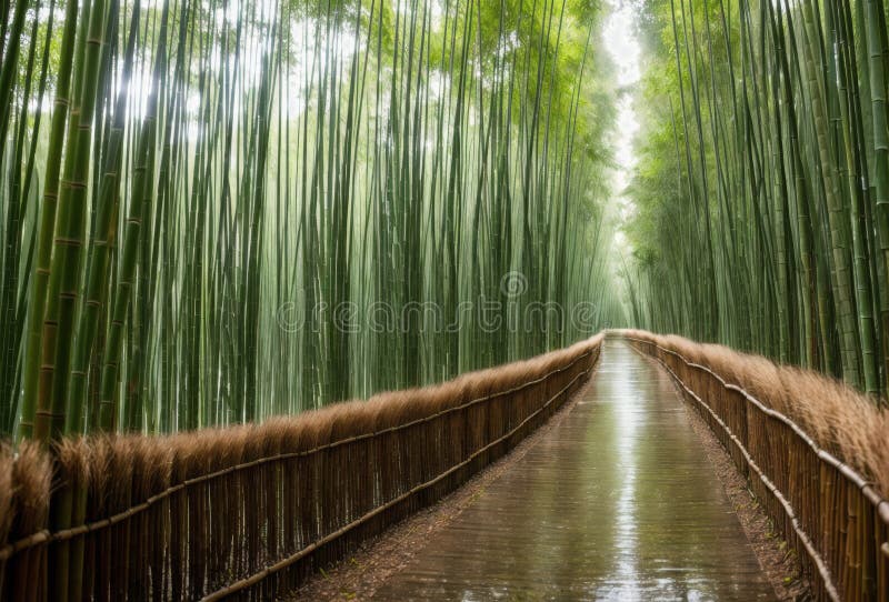 Rainy Day on a Tranquil Path through a Bamboo Forest, with Droplets ...
