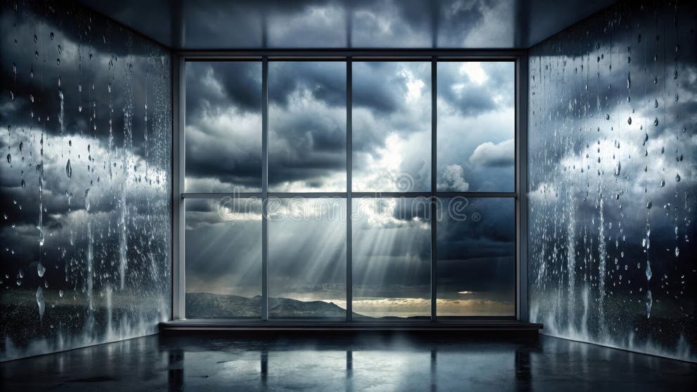 Rainy Day View from a Large Window with Dramatic Clouds and Sunbeams ...