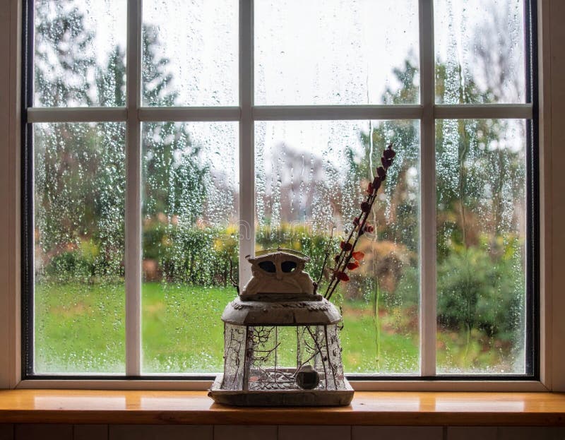 Rainy Day View through Window with Lantern and Greenery Background ...