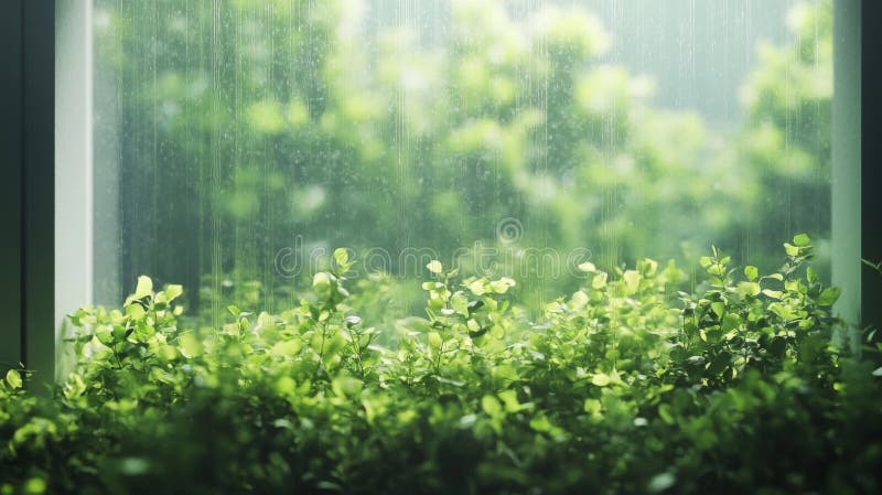 Rainy Day View through Window Lush Greenery Stock Illustration ...
