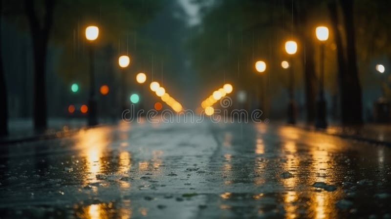 Rainy Day. a Wet Street Illuminated by Street Lights while Rain Falls ...