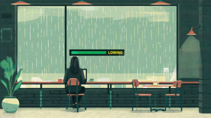 Rainy Day Workspace with a Person at a Table Waiting for Technology To ...