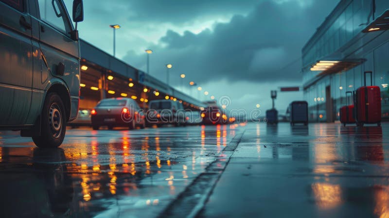 Rainy Dusk at Airport with Van Doors Open and Luggage Ready Stock ...