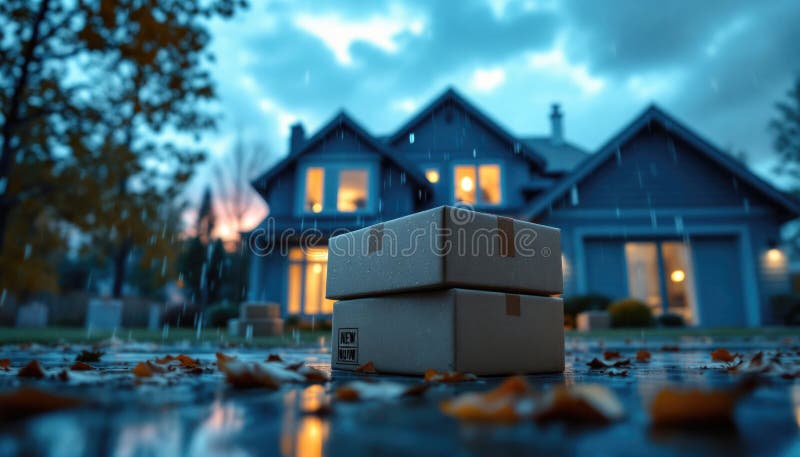 Rainy Evening Delivery Boxes on Wet Driveway in Front of Cozy Suburban ...