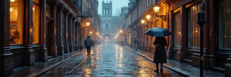 Rainy Evening Street Scene with People Walking and Lit Lamps Stock ...