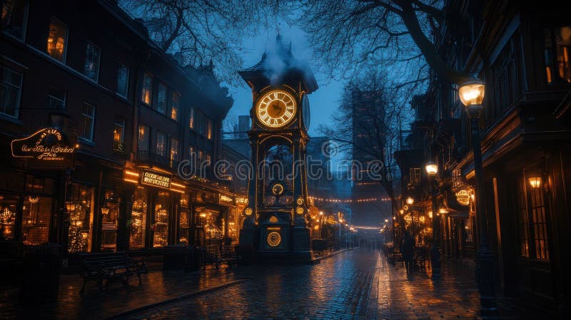 Rainy Evening Stroll Past Historic Clock in Cobblestone Alley Stock ...