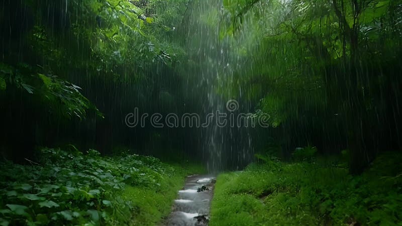 Rainy Forest Path: Lush Green Foliage Under Heavy Rainfall Stock ...