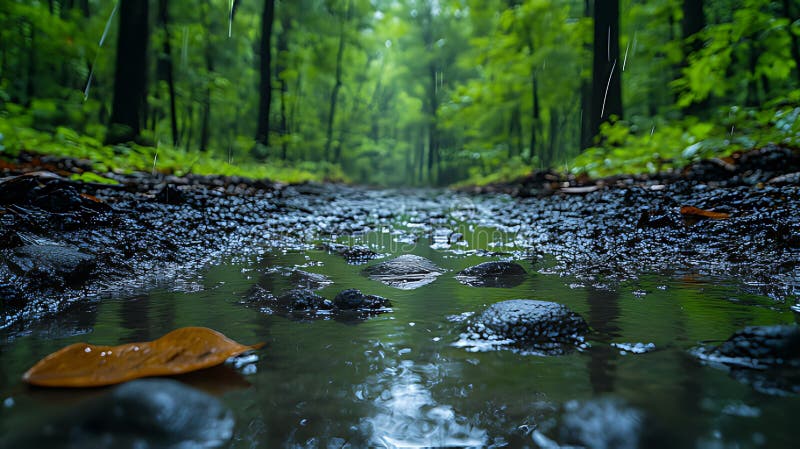 Rainy Forest Path Puddle, Nature, Low Angle, Background Trees, Travel ...