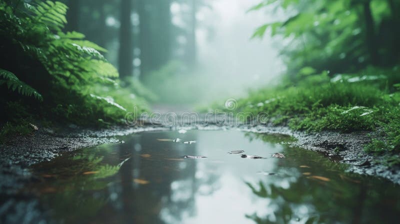 Rainy Forest Path Reflection Stock Illustration - Illustration of ...