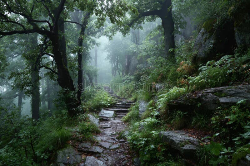 Rainy Forest Path with Stone Steps Stock Illustration - Illustration of ...