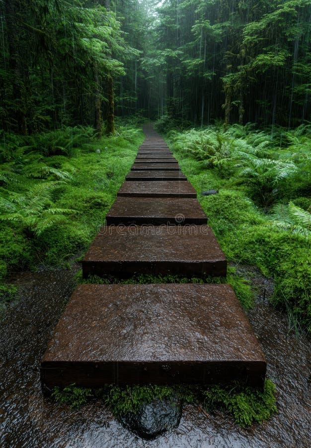 Rainy Forest Path with Wooden Steps through Lush Green Foliage. Stock ...