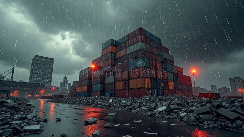 Rainy Industrial Port Stacked Cargo Containers Night Stock Photos ...