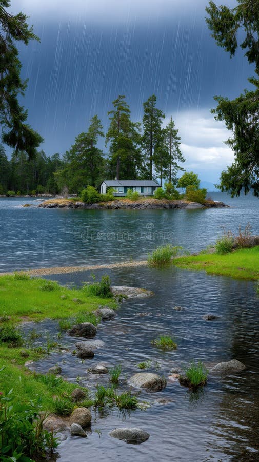 Rainy Island Home: Dramatic Landscape with Cottage on Small Island ...