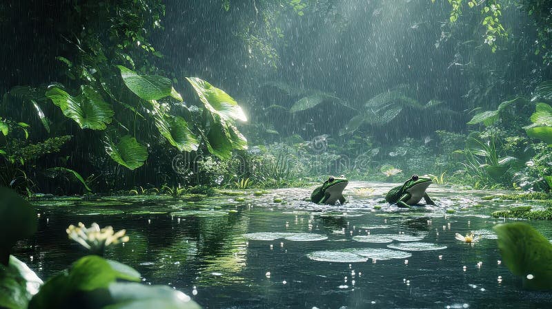 Rainy Jungle Pond with Frogs Stock Illustration - Illustration of ...