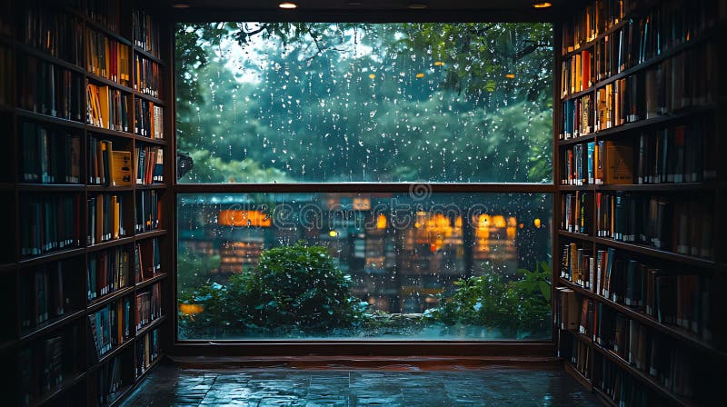 Rainy Library Window View Bookshelves, Garden, Calm Stock Illustration ...