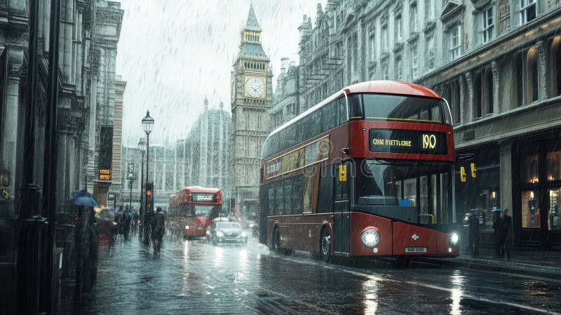 Rainy London Street Scene, Red London Bus, Double Deker Stock ...