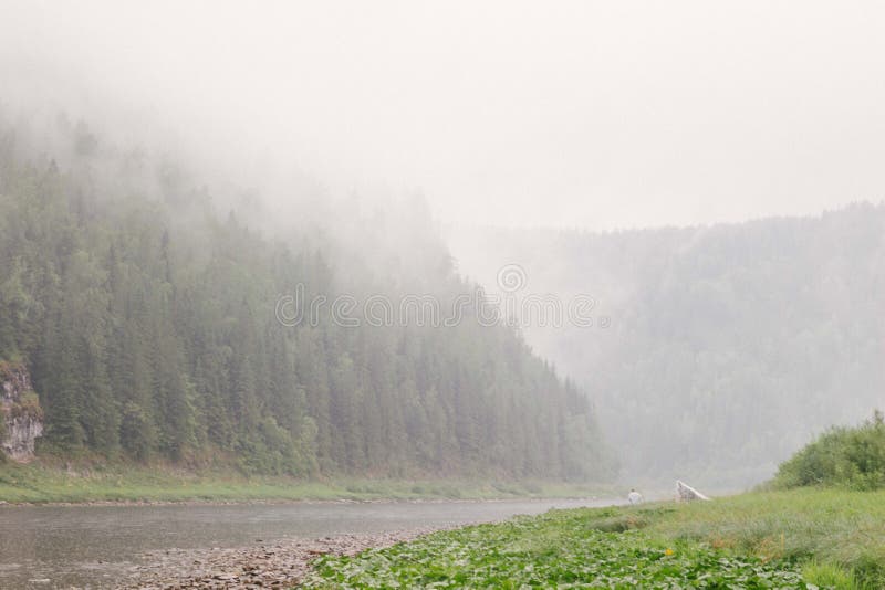 A Rainy Morning Created Fog Over the Forest and River. Stock Image ...