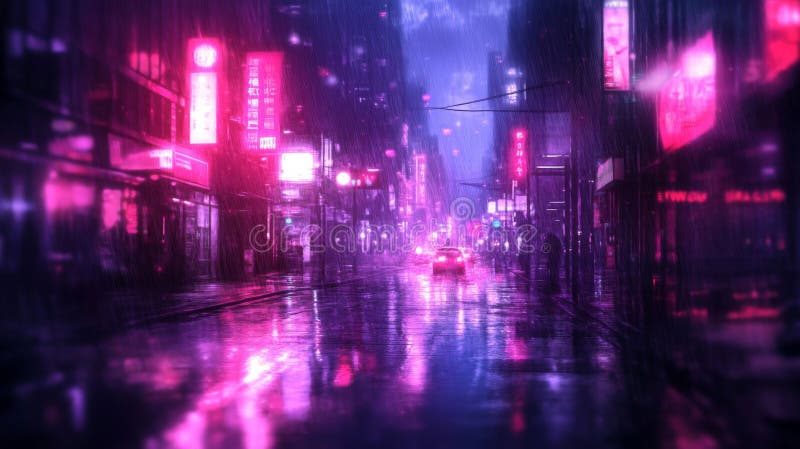 Rainy Neon City Night Digital Art Stock Illustration - Illustration of ...