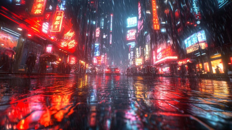 Rainy Neon City Street at Night Stock Illustration - Illustration of ...