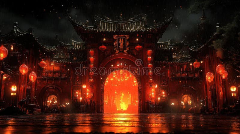 Rainy Night in Asian City Gate Stock Photo - Image of asian, glow ...