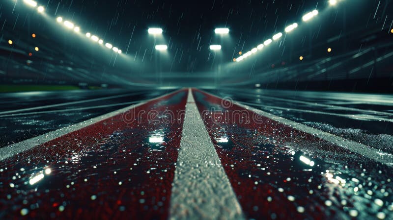 Rainy Night Athletic Track Under Stadium Lights, Generative AI Stock ...