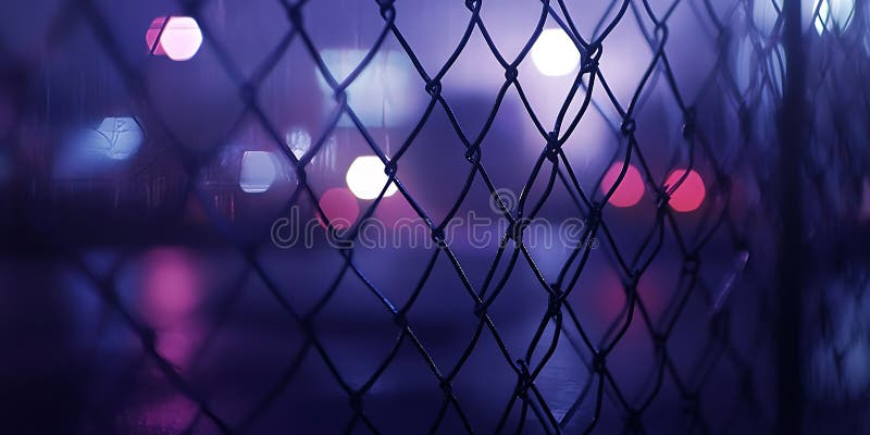 Rainy Night City Lights through Chain Link Fence Abstract Background ...