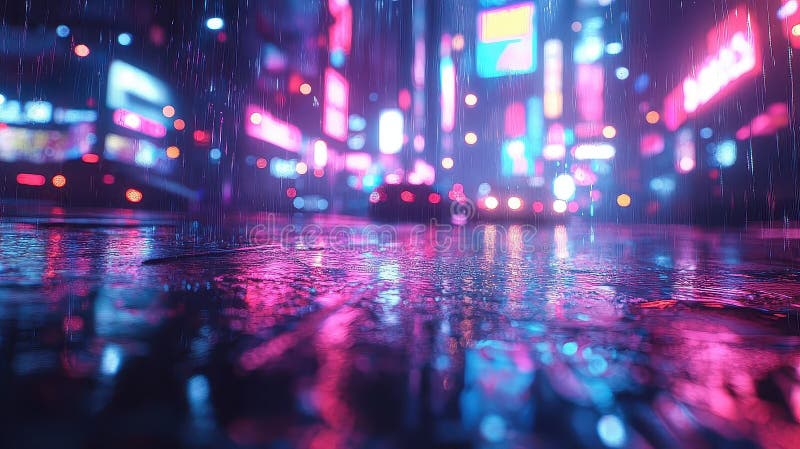 Rainy Night in the City Neon Lights Reflecting on Wet Pavement Stock ...