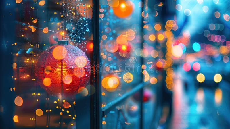 Rainy Night City Scene with Glowing Lanterns and Bokeh Lights. Stock ...