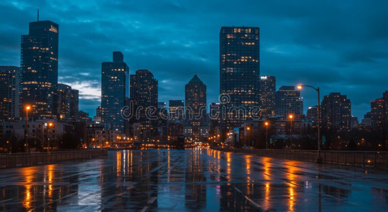 Rainy Night City Skyline with Reflections Stock Illustration ...