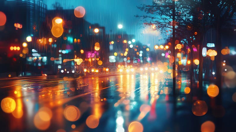 Rainy Night City Street with Blurred Lights and Reflections Stock Image ...