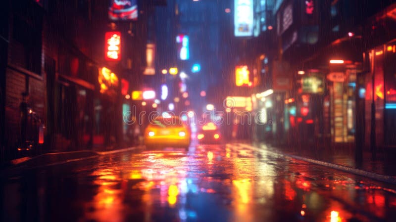 Rainy Night City Street with Bright Neon Lights Stock Illustration ...