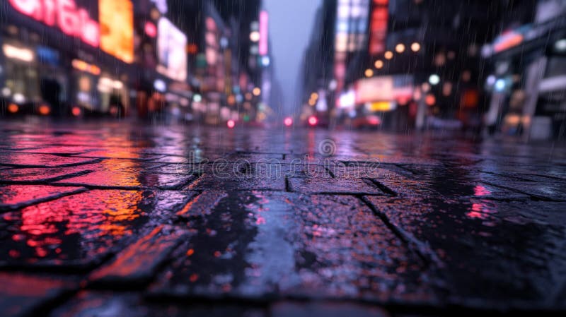 Rainy Night City Street Reflection Neon Lights Stock Illustration ...