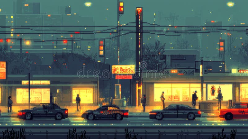Rainy Night City Street Scene Pixel Art Stock Illustration ...