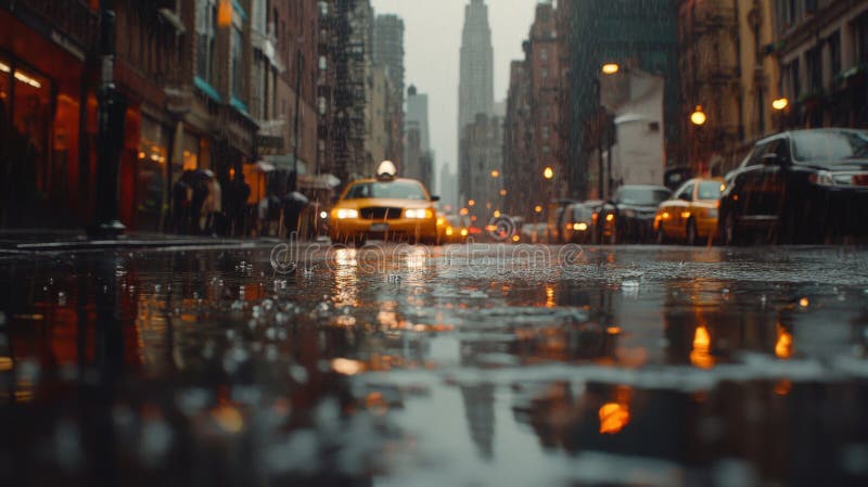 Rainy Night City Street Scene with Yellow Cabs Stock Illustration ...