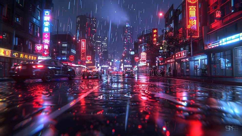 Rainy Night Cityscape 3D Illustration Stock Illustration - Illustration ...