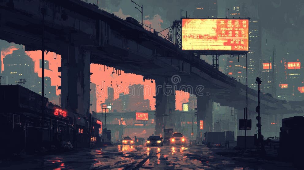 Rainy Night Cityscape with Elevated Road and Pixel Art Style Stock ...