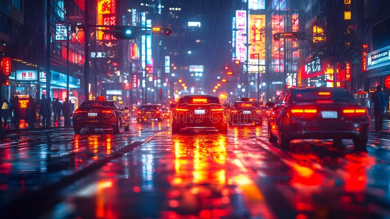 Rainy Night Cityscape with Neon Lights Stock Illustration ...
