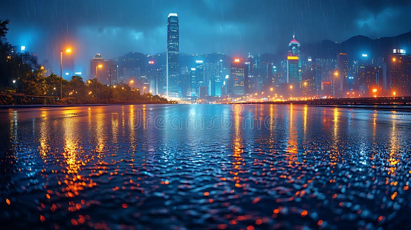 Rainy Night Cityscape Reflection, Hong Kong Harbor Stock Illustration ...