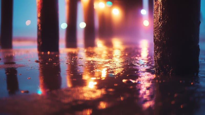 Rainy Night Cityscape Under Pier Reflections Stock Illustration ...
