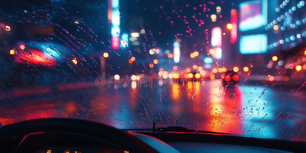 Rainy Night Cityscape: Vibrant Lights & Reflections Stock Illustration ...