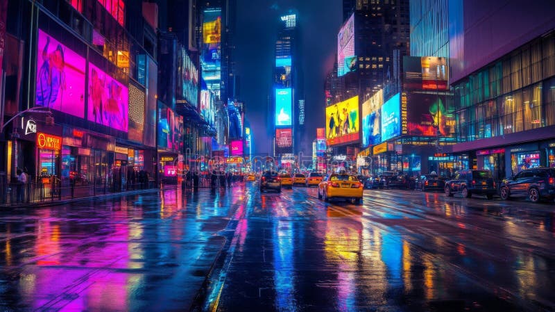 Rainy Night Cityscape with Vibrant Neon Lights Stock Illustration ...