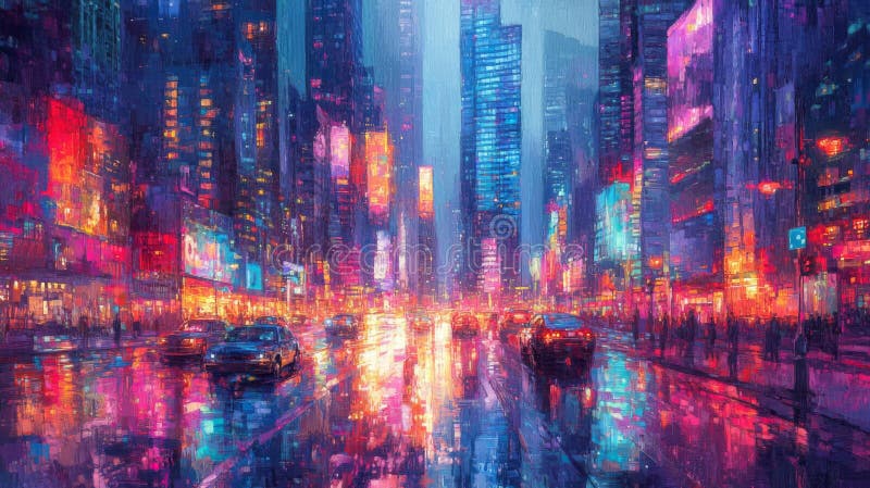 Rainy Night Cityscape with Vibrant Neon Lights Stock Illustration ...