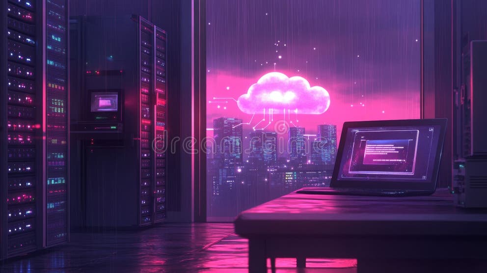 Rainy Night Cityscape Viewed from a Server Room Stock Illustration ...