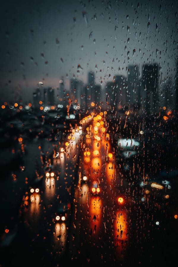 Rainy Night Cityscape Viewed through a Wet Window Stock Illustration ...