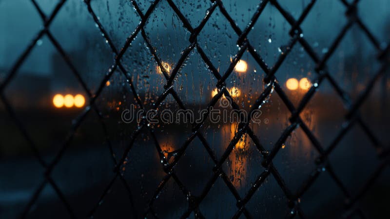 Rainy Night Cityscape through a Wet Chain Link Fence Stock Illustration ...